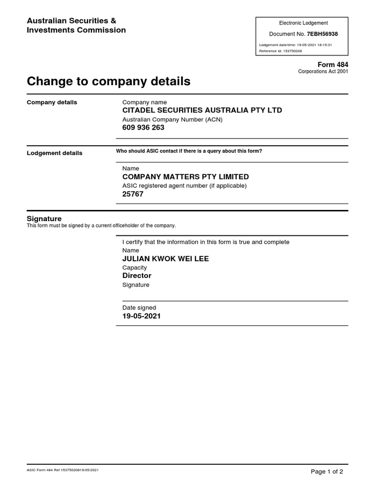 CITADEL AUSTRALIA-Change To Company Details ASIC Form 484 | PDF ...