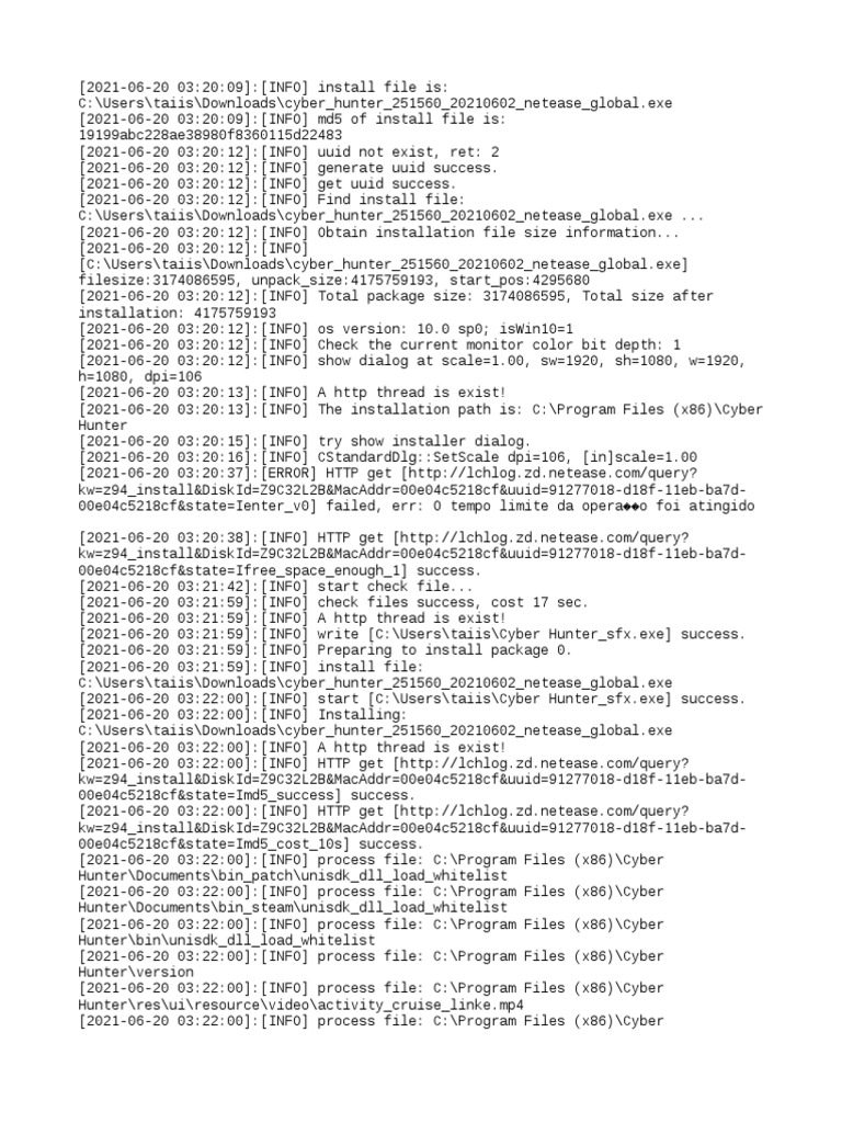 Detailed log of Cyber Hunter game installation process on Windows 10 | PDF | Computing Platforms ...