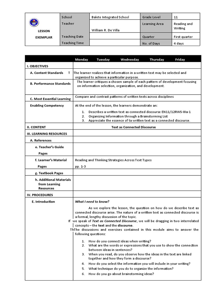 RW-Learning Activity Sheet 3 | PDF | Discourse | Cognition