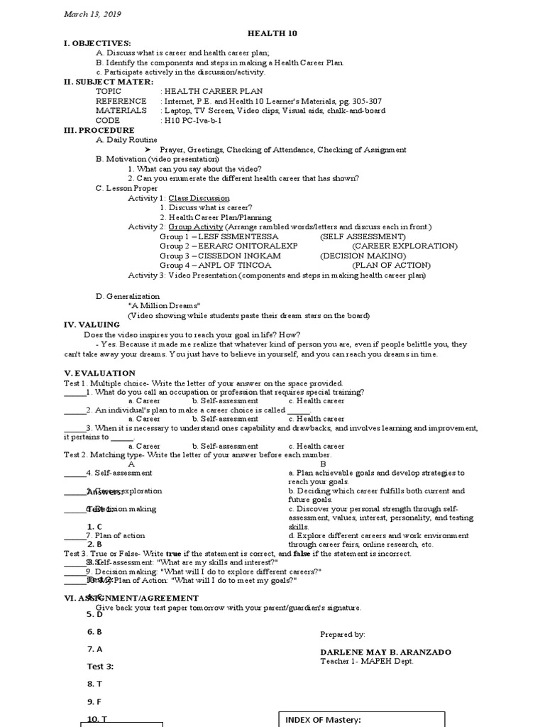 Daily Lesson Plan in Health 10 | PDF | Goal | Educational Assessment