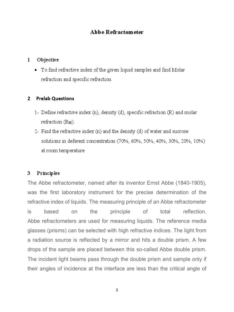 Abbe Refractometer: 1 Objective | PDF | Refractive Index | Reflection (Physics)