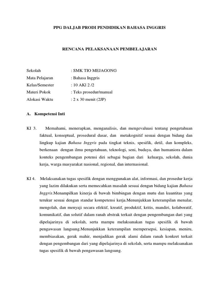 Contoh RPP Manual Daring | PDF