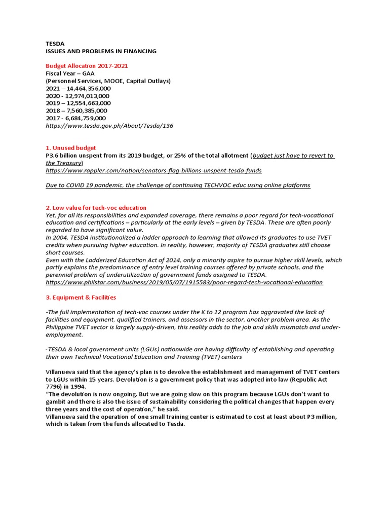 Budget Allocation 2017-2021: Tesda Issues and Problems in Financing ...