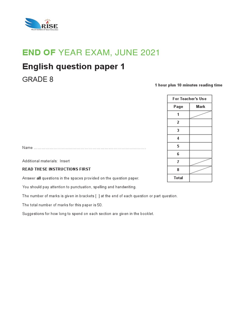 Grade 8 English Exam Paper 2021 | PDF | Writers | Writing