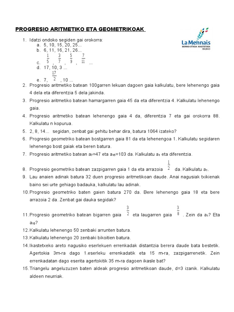 Progresio Aritmetiko Eta Geometrikoak | PDF