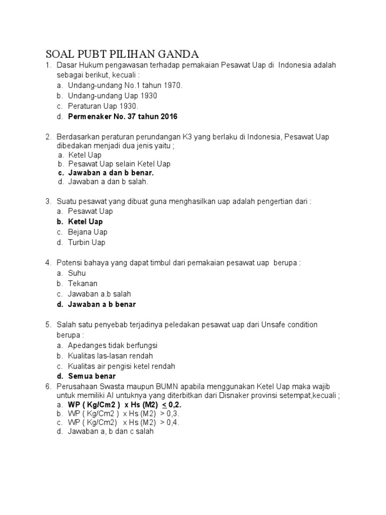 Soal Pubt Pilihan Ganda K3 Uap Bejana Tekan | PDF