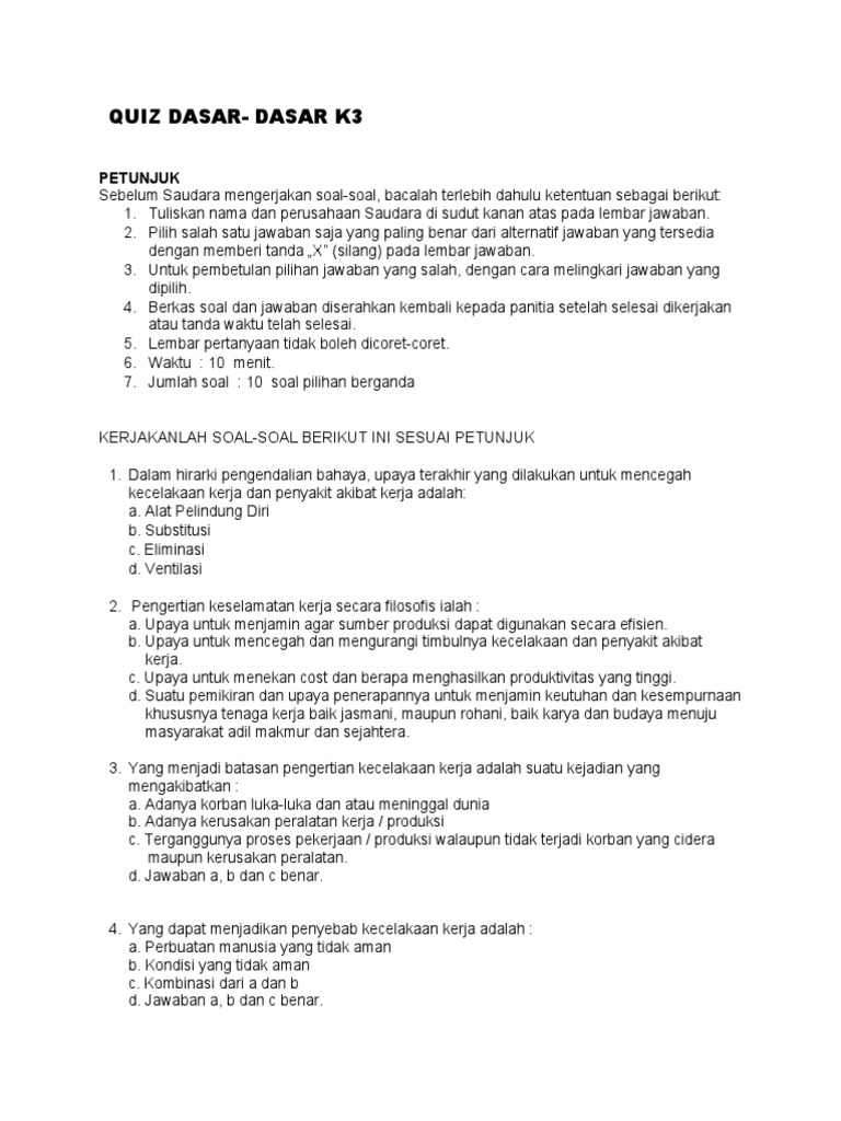 Kuis Dasar K3 Untuk Perusahaan Pdf Bisnis