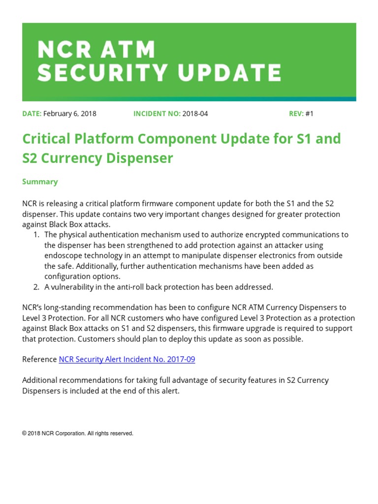 Critical Platform Component Update For S1 and S2 Currency Dispenser ...