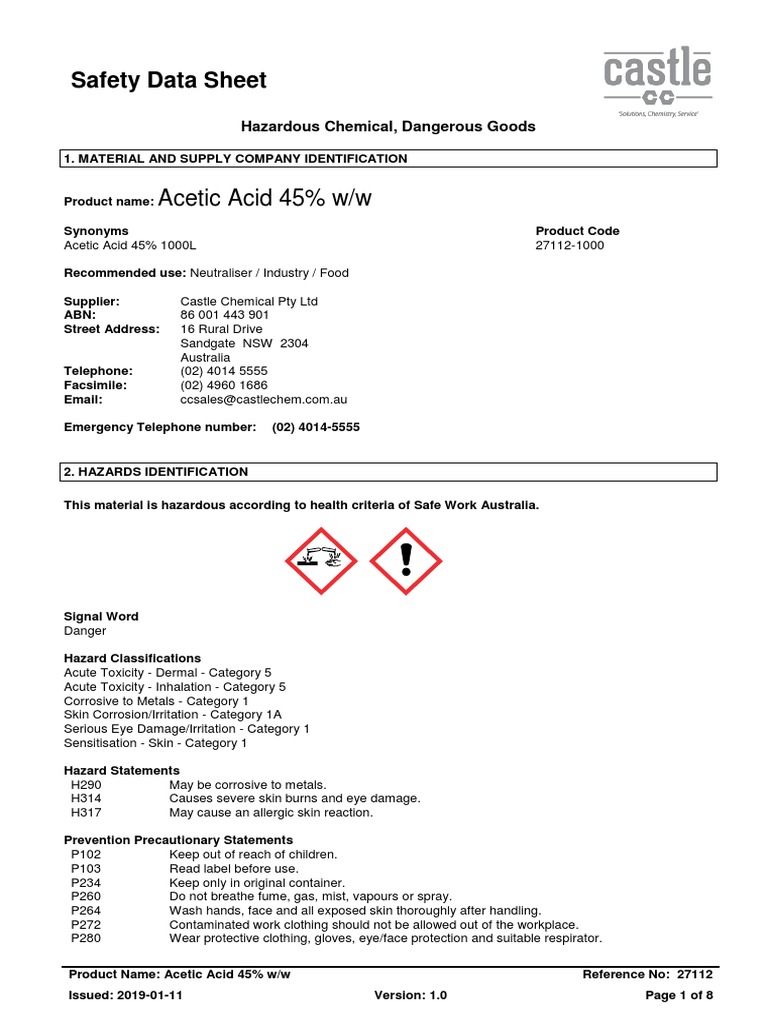 Acetic Acid 45% W/W: Safety Data Sheet | PDF | Dangerous Goods | Toxicity