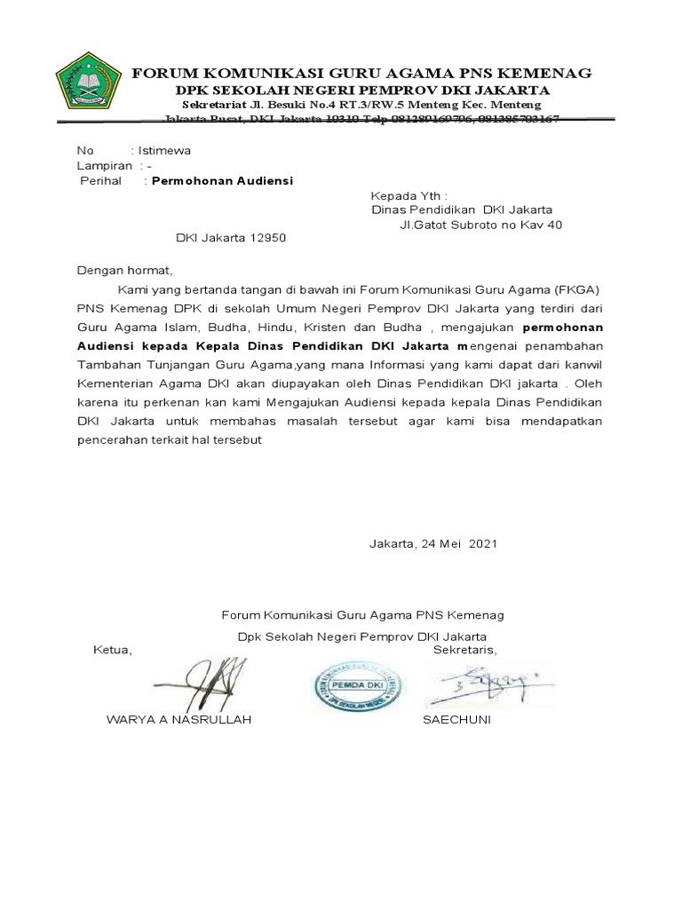 Surat Permohonan Audiensi Kepada Kepala Dinas Pendidkan | PDF