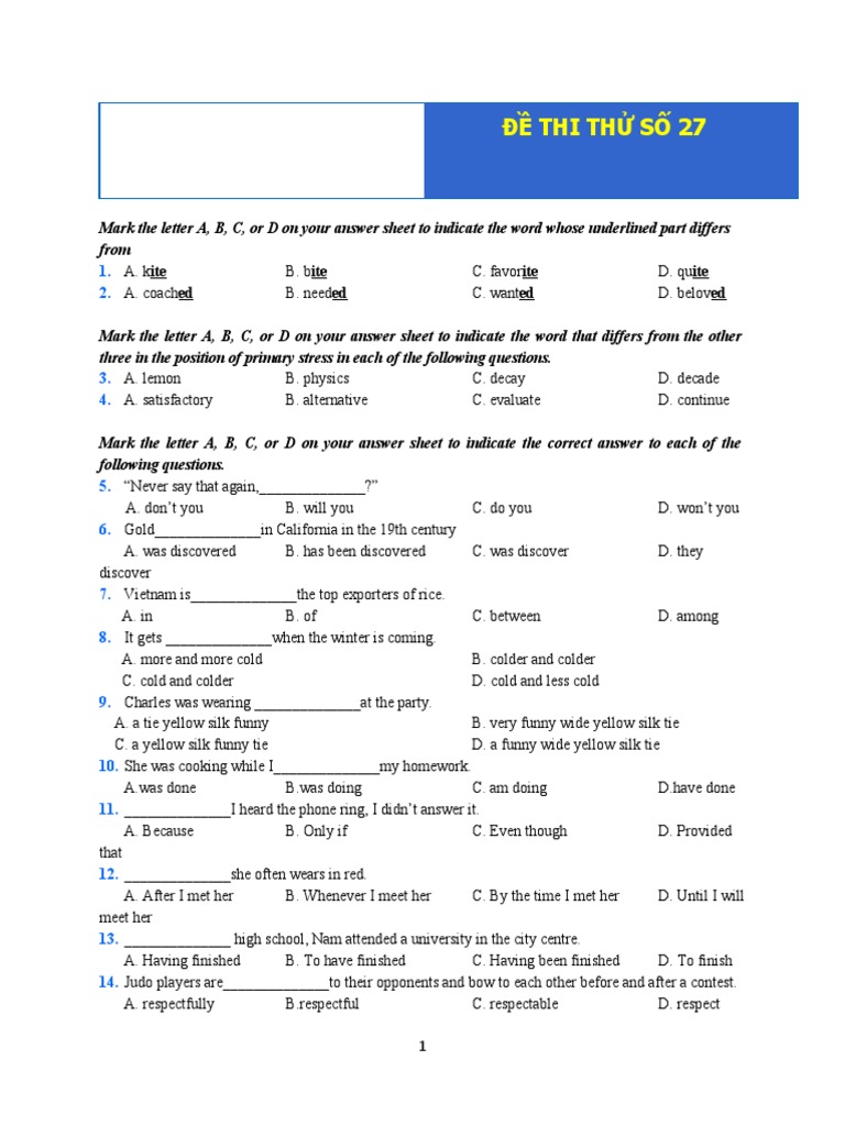 ĐỀ THI THỬ SỐ 27 | PDF | News | Science