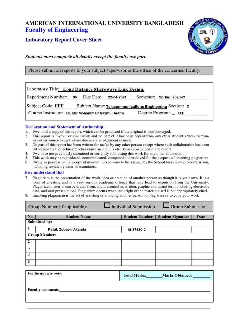 Faculty of Engineering: Laboratory Report Cover Sheet | Download Free ...
