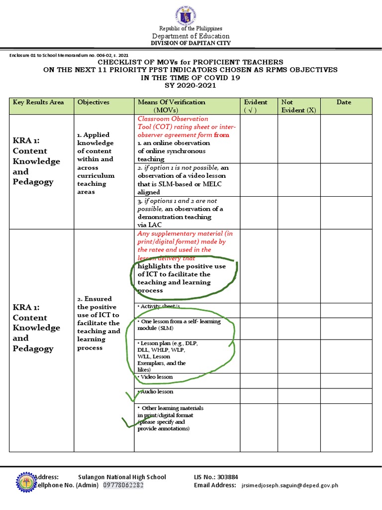 Checklist of MOVs For T1 To T3 SY 2020 2021 | PDF | Educational Technology | Learning