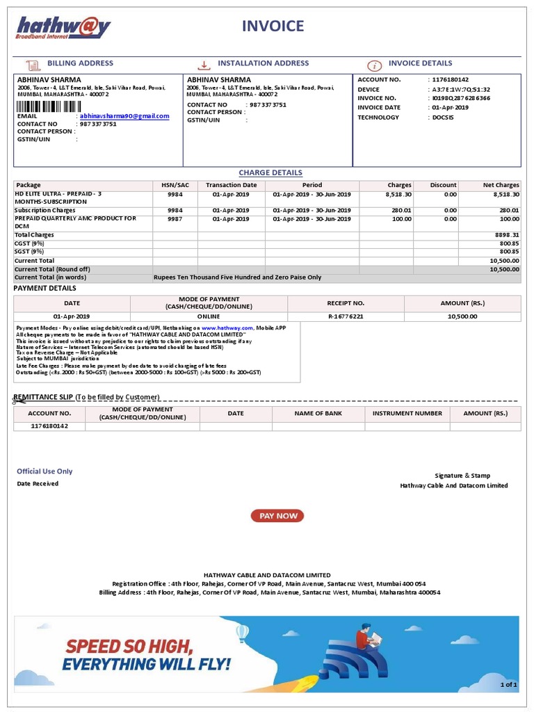 Abhinav Sharma - Broadband Invoice Apr - Jun 2019 | PDF | Payments ...