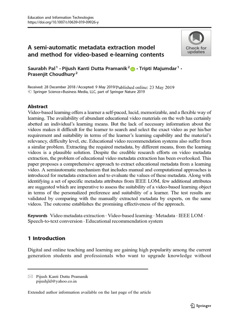 A Semi Automatic Metadata Extraction Model And Method For Video Based E Learning Contents Pdf