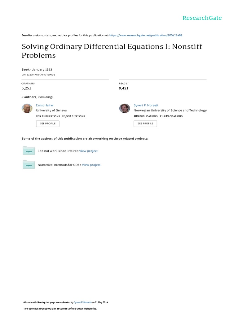 Solving Ordinary Differential Equations I Nonstiff Problems Pdf