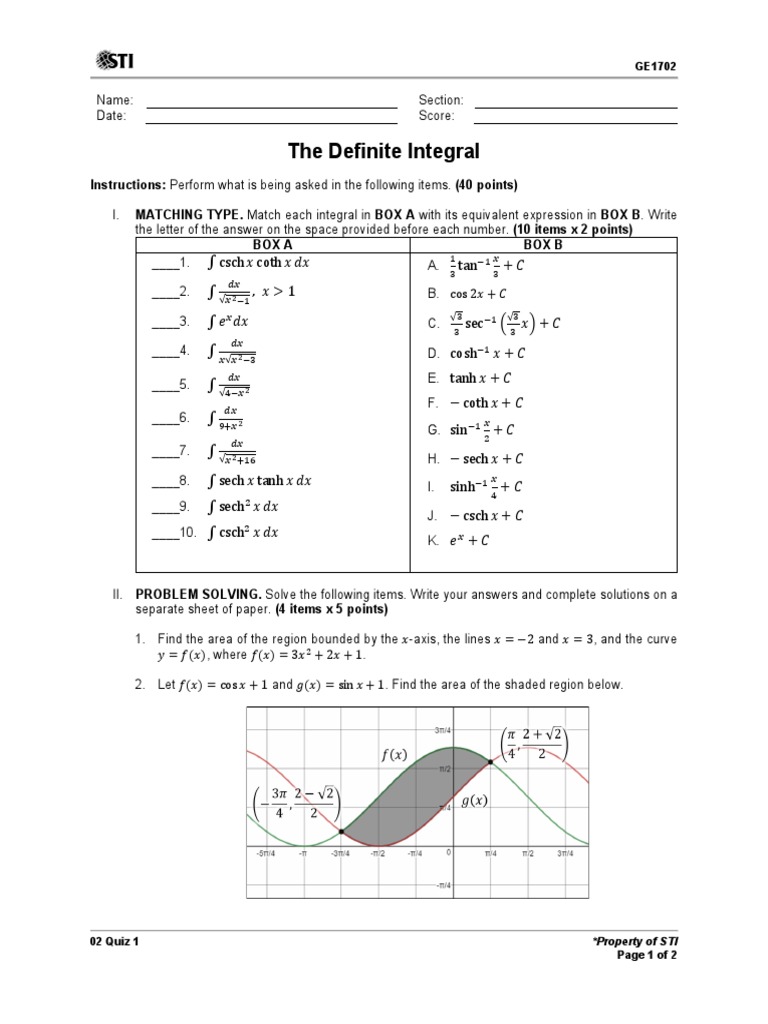 02 Quiz 1 | PDF | Integral | Mathematical Objects