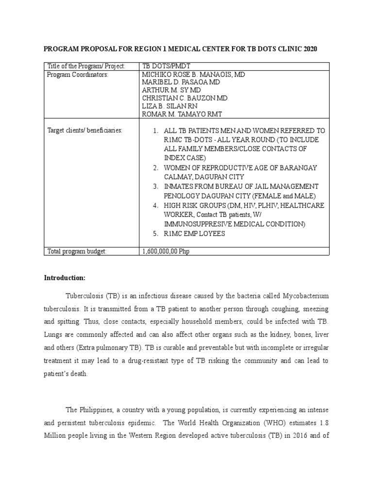 TB DOTS Program Proposal for R1MC | PDF | Tuberculosis | Health ...