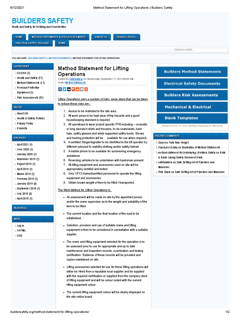 Method Statement For Lifting Operations - Builders Safety | PDF ...