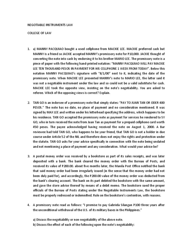 Arthur Sy - Negotiable Instruments Law Exam | PDF | Negotiable ...