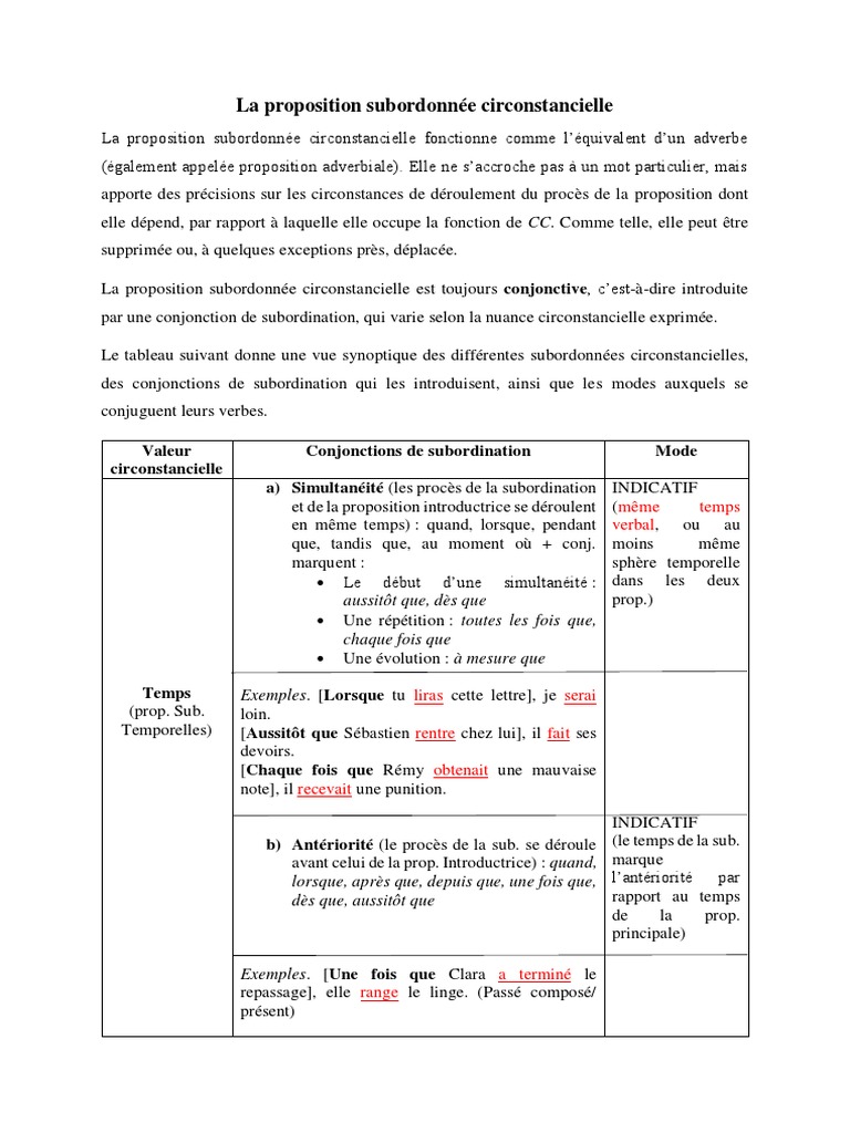 La Proposition Subordonnée Circonstancielle | PDF | Temps (grammaire ...