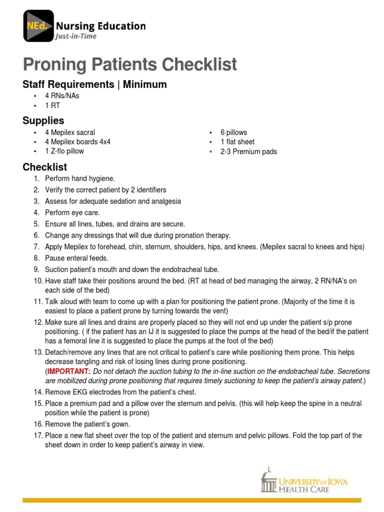 Proning Patients Checklist: Staff Requirements - Minimum | PDF ...