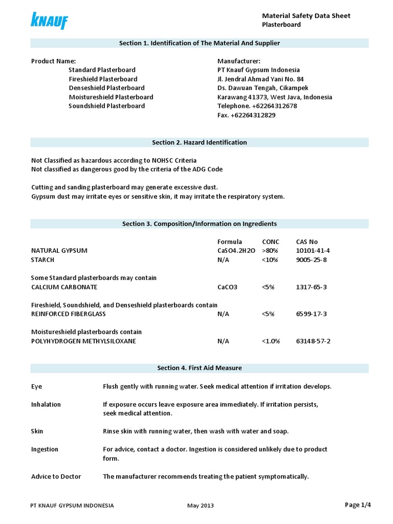 Plasterboard Section 1. Identification of The Material and Supplier ...