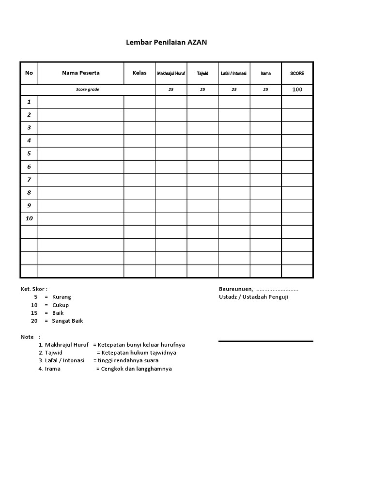 Form Penilaian Azan | PDF