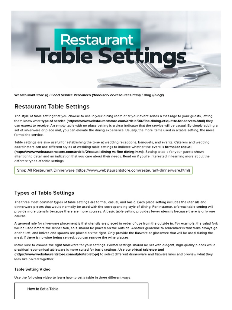 Table Setting Diagrams - Formal, Fine Dining, Casual, & More | PDF ...