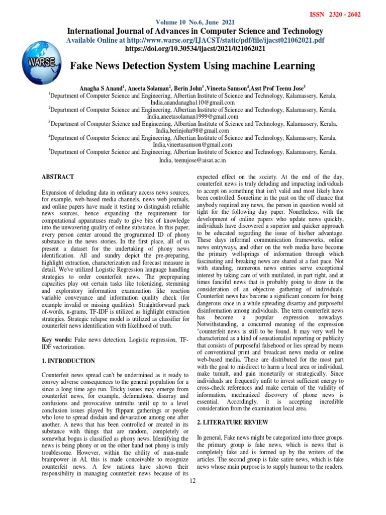 Fake News Detection System Using Machine Learning | PDF | Statistical ...