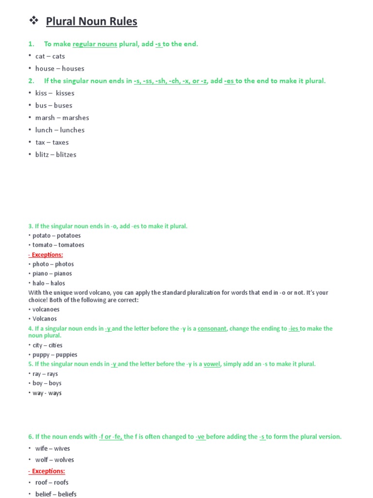 Plural Noun Rules: 1. To Make Regular Nouns Plural, Add S To The End | PDF
