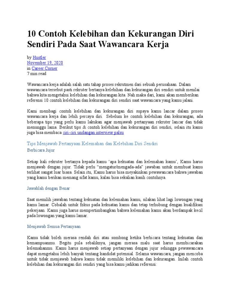 10 Contoh Kelebihan Dan Kekurangan Diri Sendiri Pada Saat Wawancara Kerja | PDF | Bisnis ...