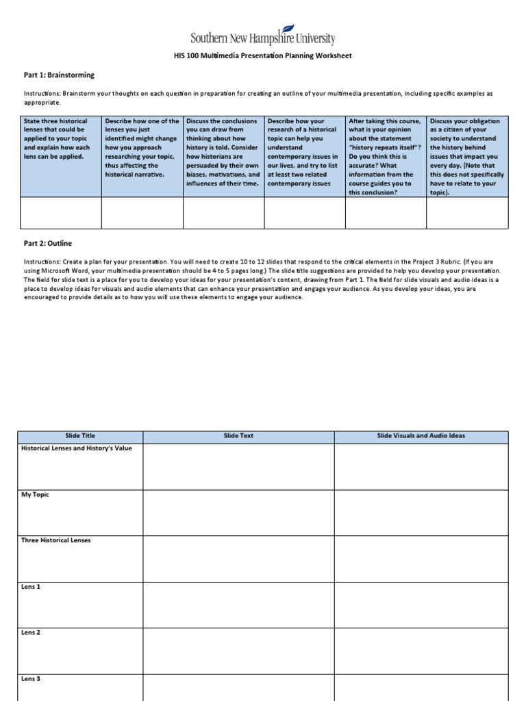 HIS 100 Multimedia Presentation Planning Worksheet | PDF | Multimedia ...