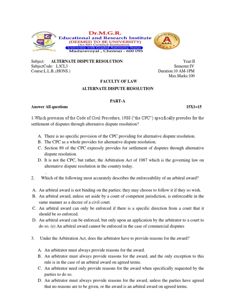 ADR Kmodel Exam Question Paper | PDF | Alternative Dispute Resolution | Arbitration