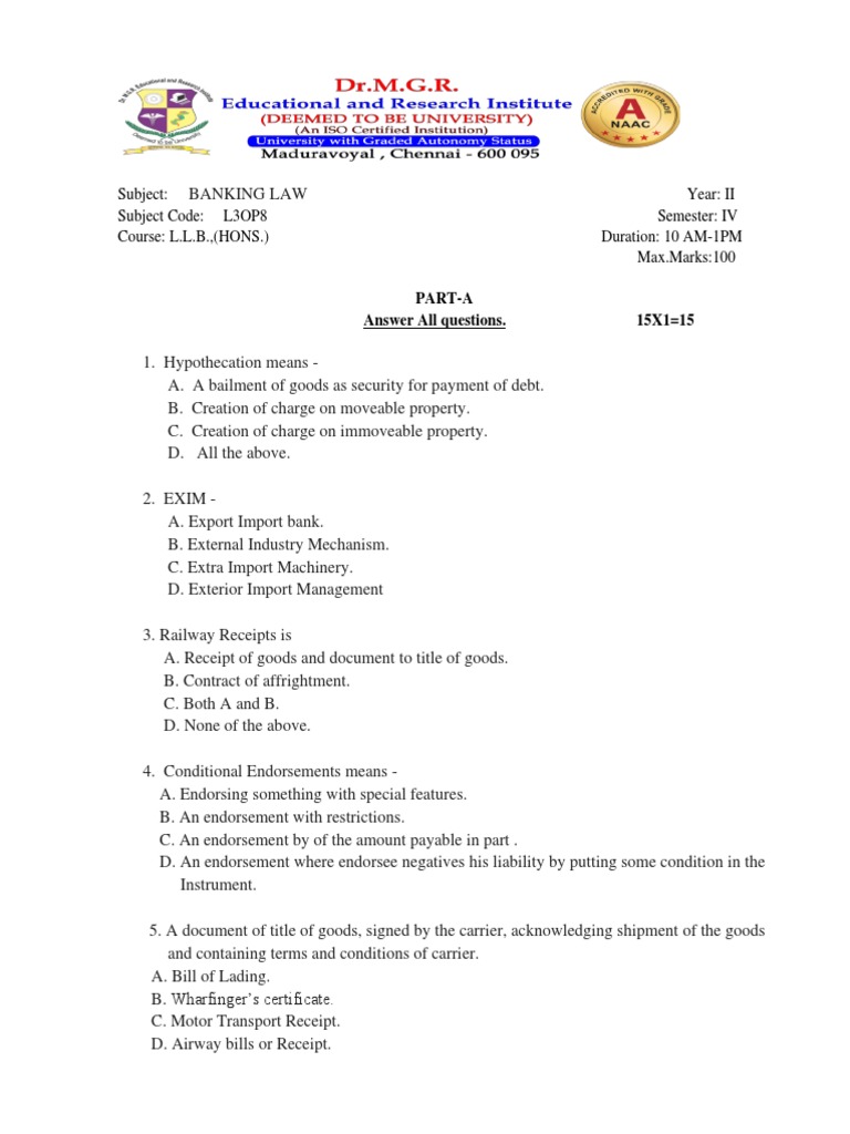 Banking Law Exam Question Paper 2024 | PDF | Negotiable Instrument | Cheque