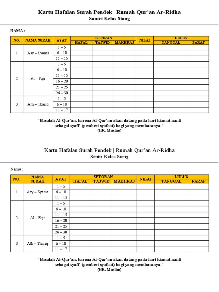 Kartu Hafalan Surah Pendek | PDF
