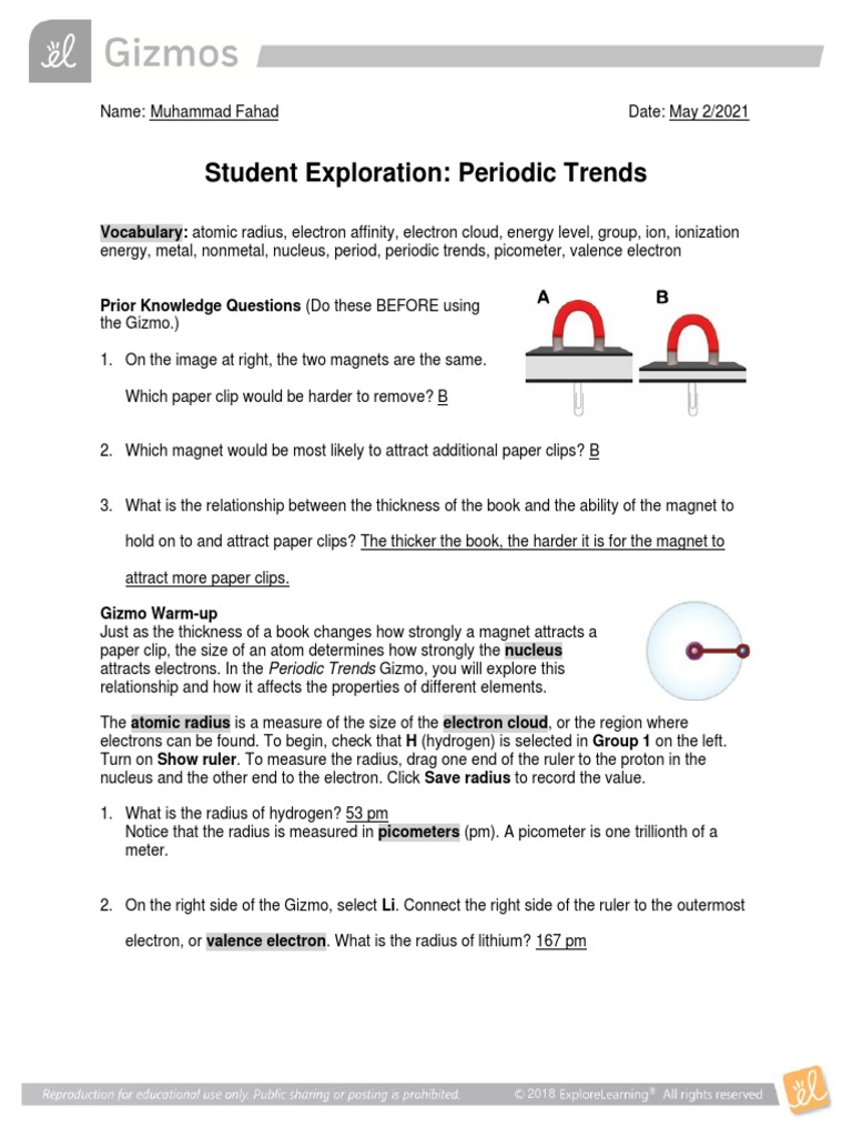 Student Exploration: Periodic Trends | PDF | Ion | Atoms