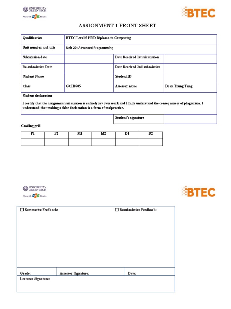 Unit 20 Assignment 1 Frontsheet Pdf Class Computer Programming Method Computer