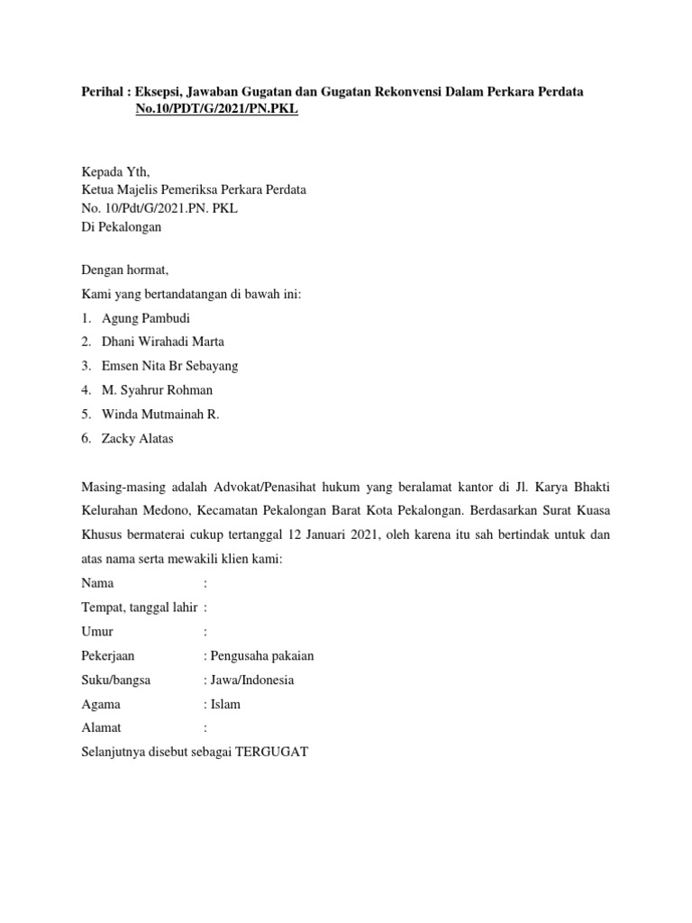 Eksepsi, Gugatan Jawaban, Dan Gugatan Rekonvensi | PDF