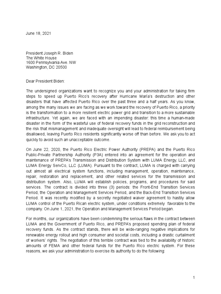 Letter To President About LUMA Contract | PDF | Federal Emergency ...