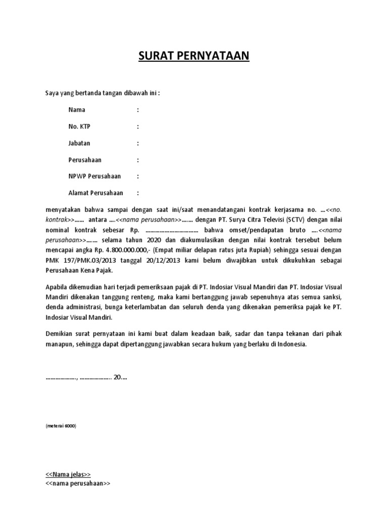 Surat Pernyataan Non PKP - 48M | PDF | Pengelolaan Keuangan & Uang | Hukum