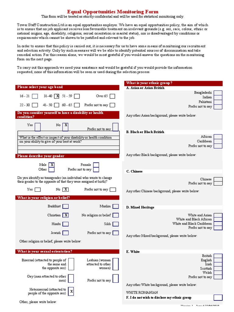 Equal Opportunities Monitoring Form | PDF | Equal Opportunity ...