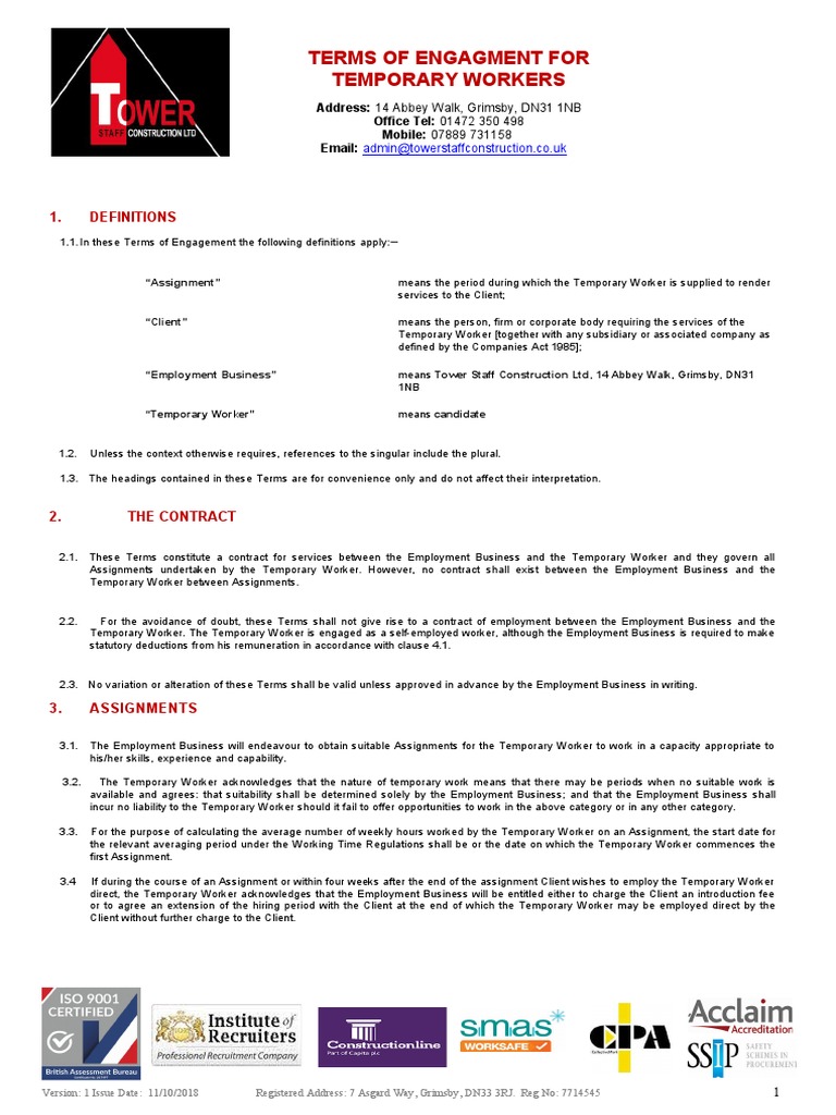 Terms of Engagement For Temporary Workers Version 1 | PDF | Temporary ...