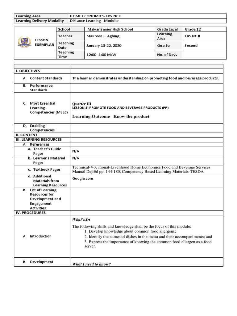 Fbs Week 1 Exemplar q2 | PDF | Food Allergy | Food Industry