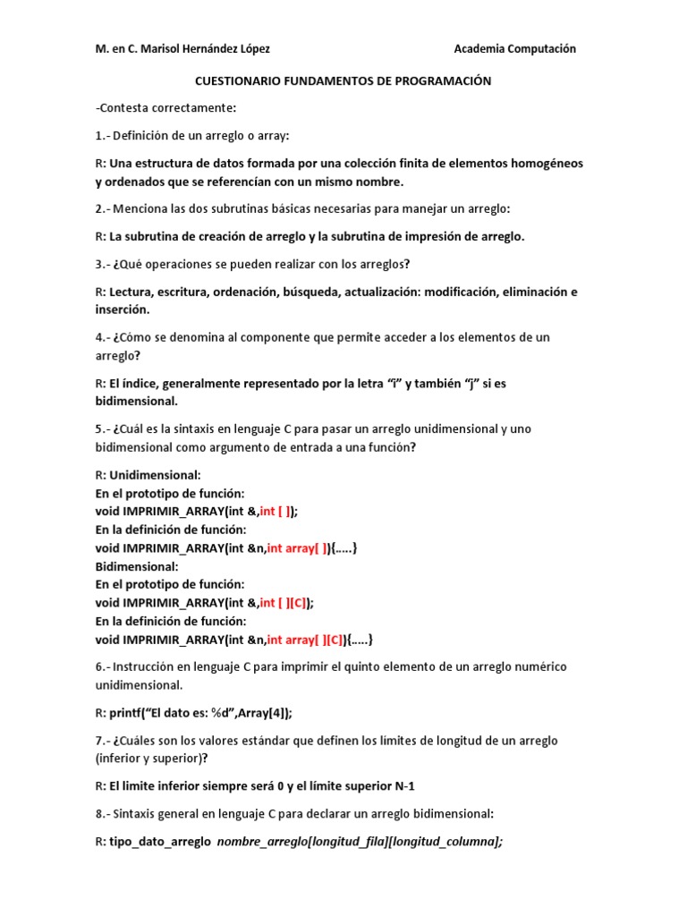 Cuestionario de Programacion | PDF | Estructura de datos de matriz | Desarrollo de software