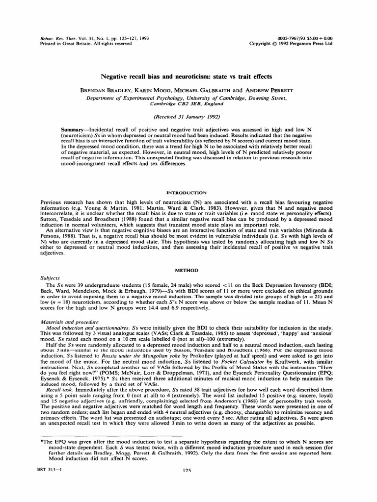 Bradley Et Al. - 1993 - Negative Recall Bias and Neuroticism State Vs ...
