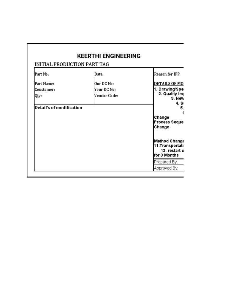 Keerthi Engineering: Initial Production Part Tag | PDF