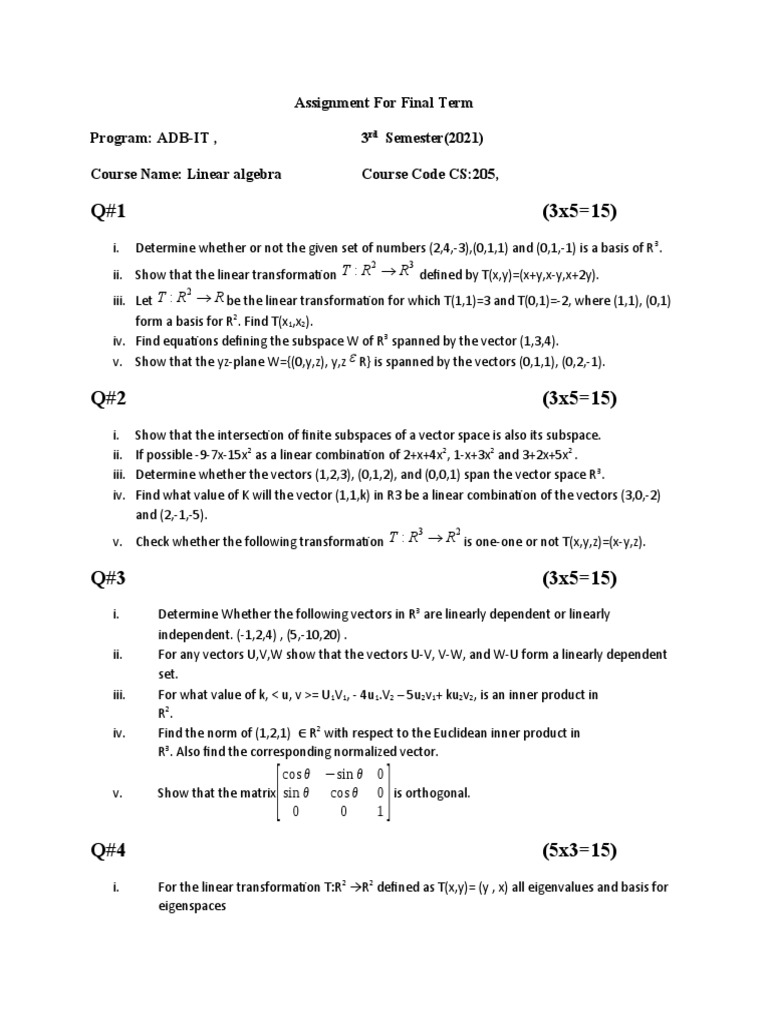 Assignment Linear Algebra 2021 | PDF | Linear Subspace | Vector Space