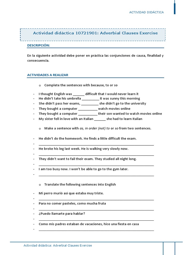 Adverbial Clauses Practice Worksheet | PDF