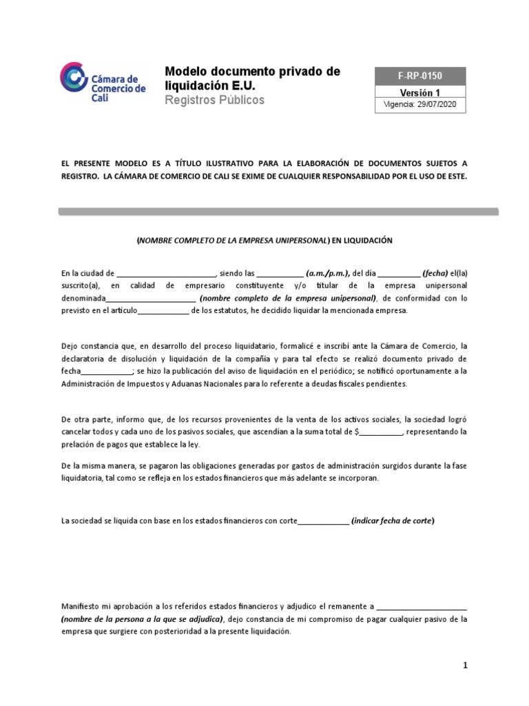 Modelo Documento Privado de Liquidación E.U | PDF | Sociedad de responsabilidad limitada | Economias